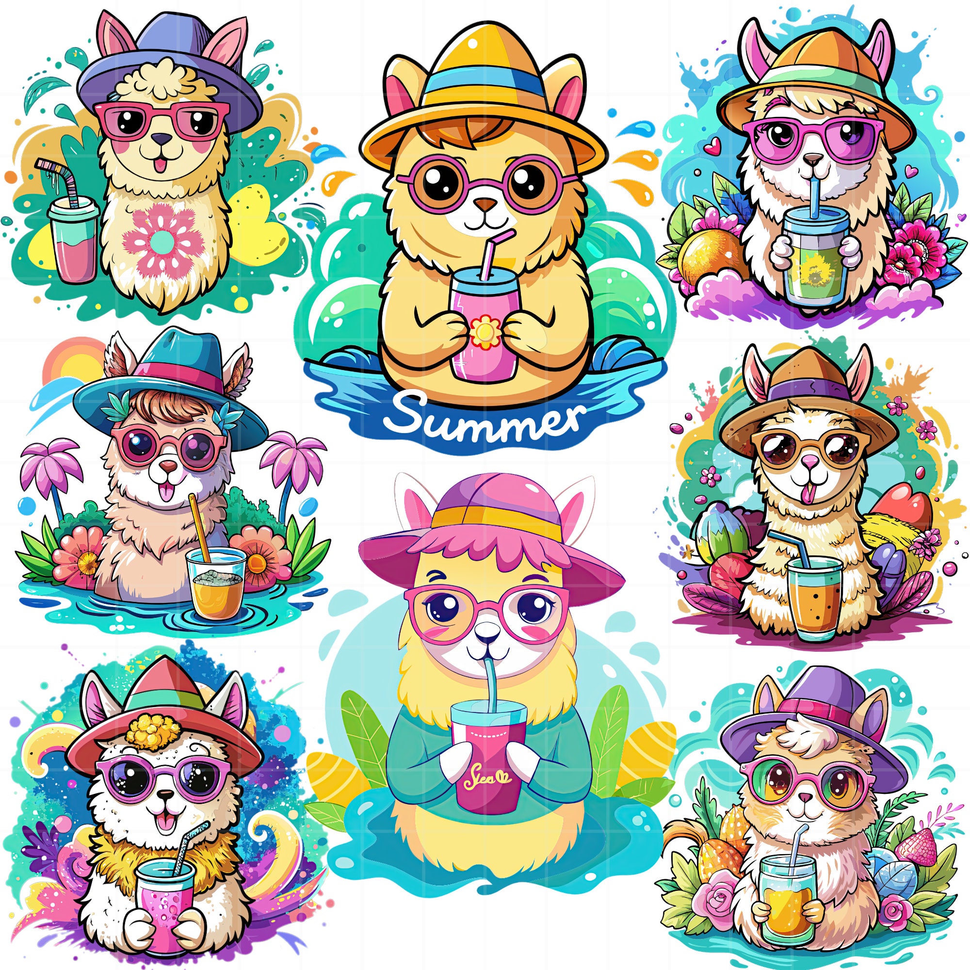 Llama Summer Drink Clipart, Alpaca Clipart, Summer PNG, Illustration ...