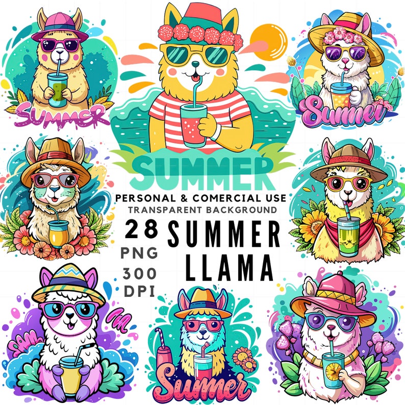 Llama Summer Drink Clipart, Alpaca Clipart, Summer PNG, Illustration ...