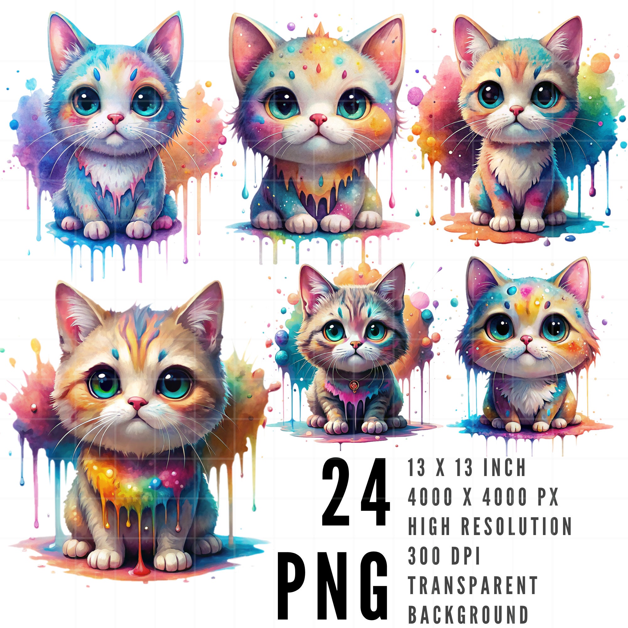 Colorful Cat Paint Drip Clipart, Cat Clipart, Cats Png for Sublimation ...