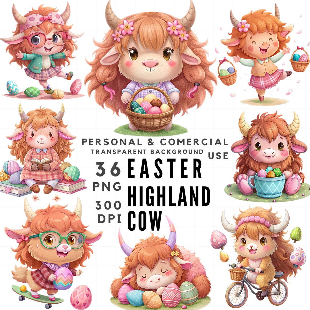 Highland Cow Clipart, 36 Easter PNG, Highland Cow Illustrations, Easter ...
