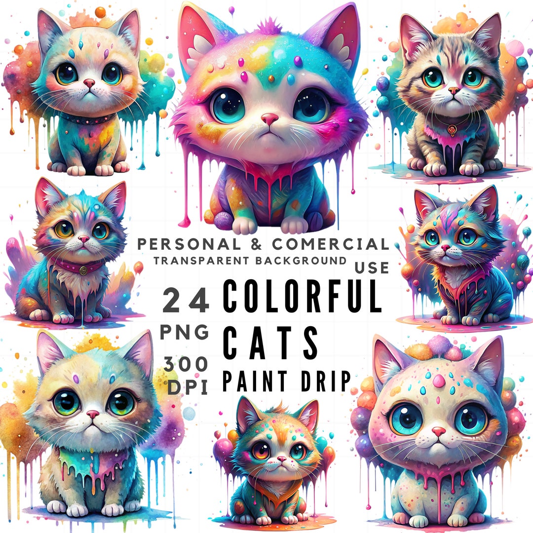 Colorful Cat Paint Drip Clipart, Cat Clipart, Cats Png for Sublimation ...