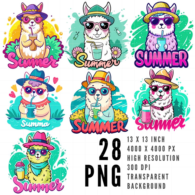 Llama Summer Drink Clipart, Alpaca Clipart, Summer PNG, Illustration ...