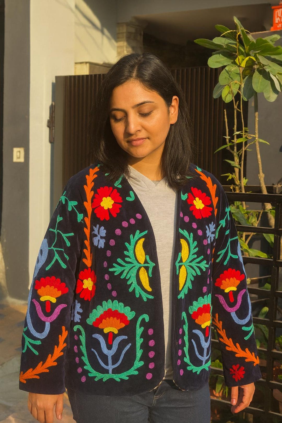 Vintage Velvet Suzani Jacket, Hand Embroidered Floral Kantha Quilt - Etsy