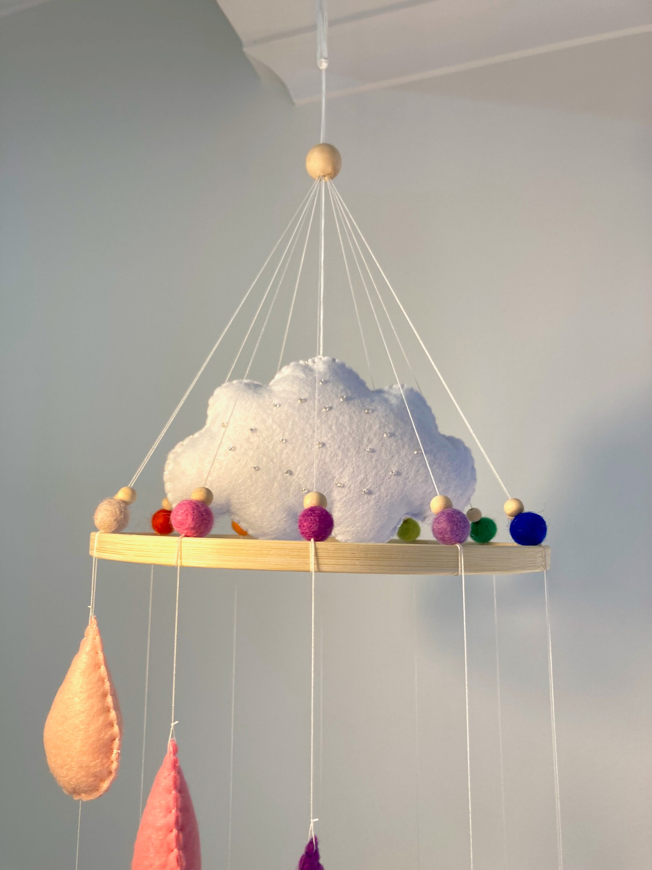 Cascading Rainbow Raindrops (x12) + Cloud Felt Baby Nursery Mobile ...