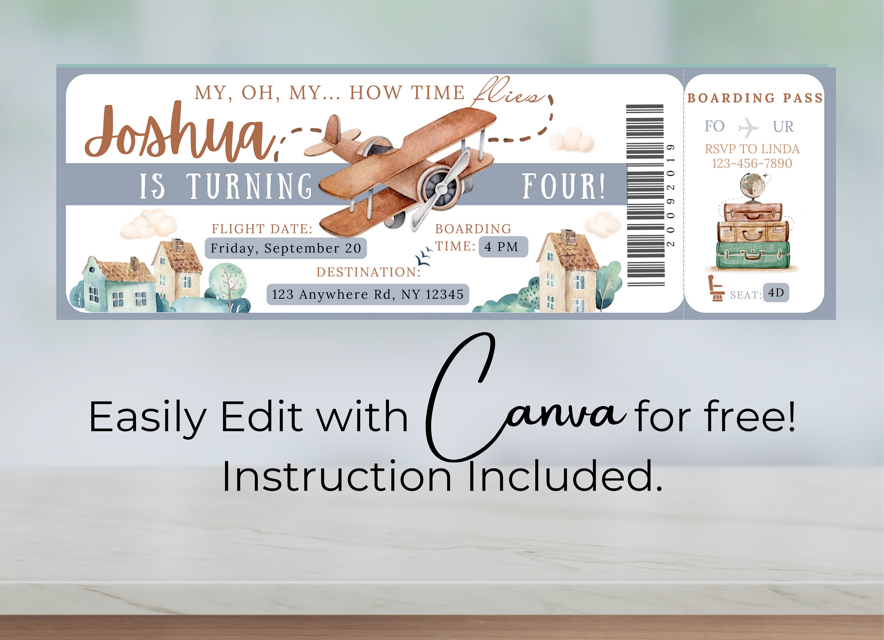Airplane Birthday Invitation, Ticket Party Invite, Editable Canva (8 ...
