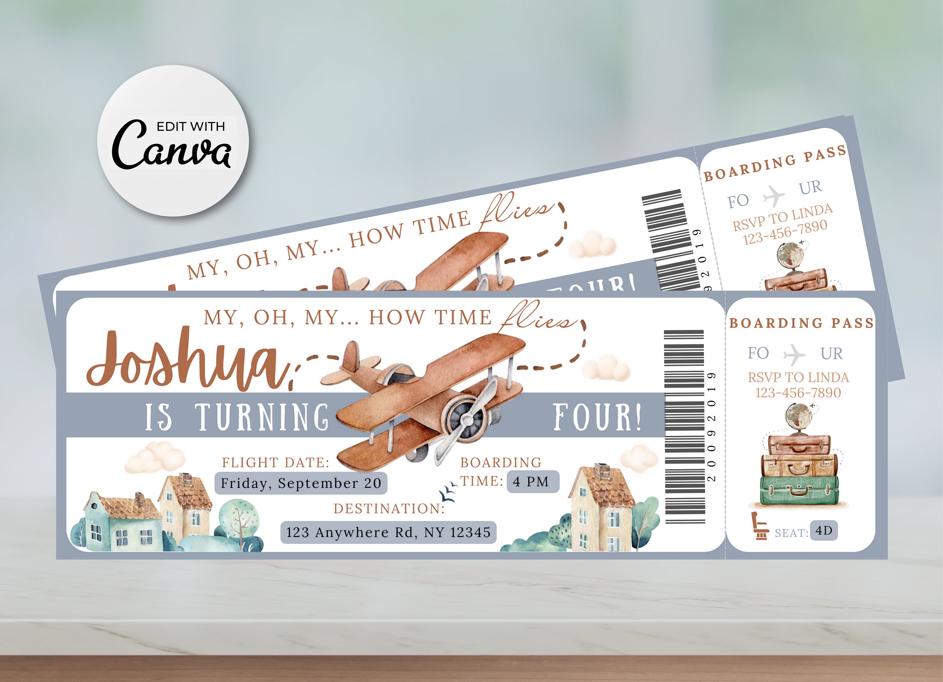 Boarding Pass, Airplane Invitation, Birthday Invite, Brown Planes ...