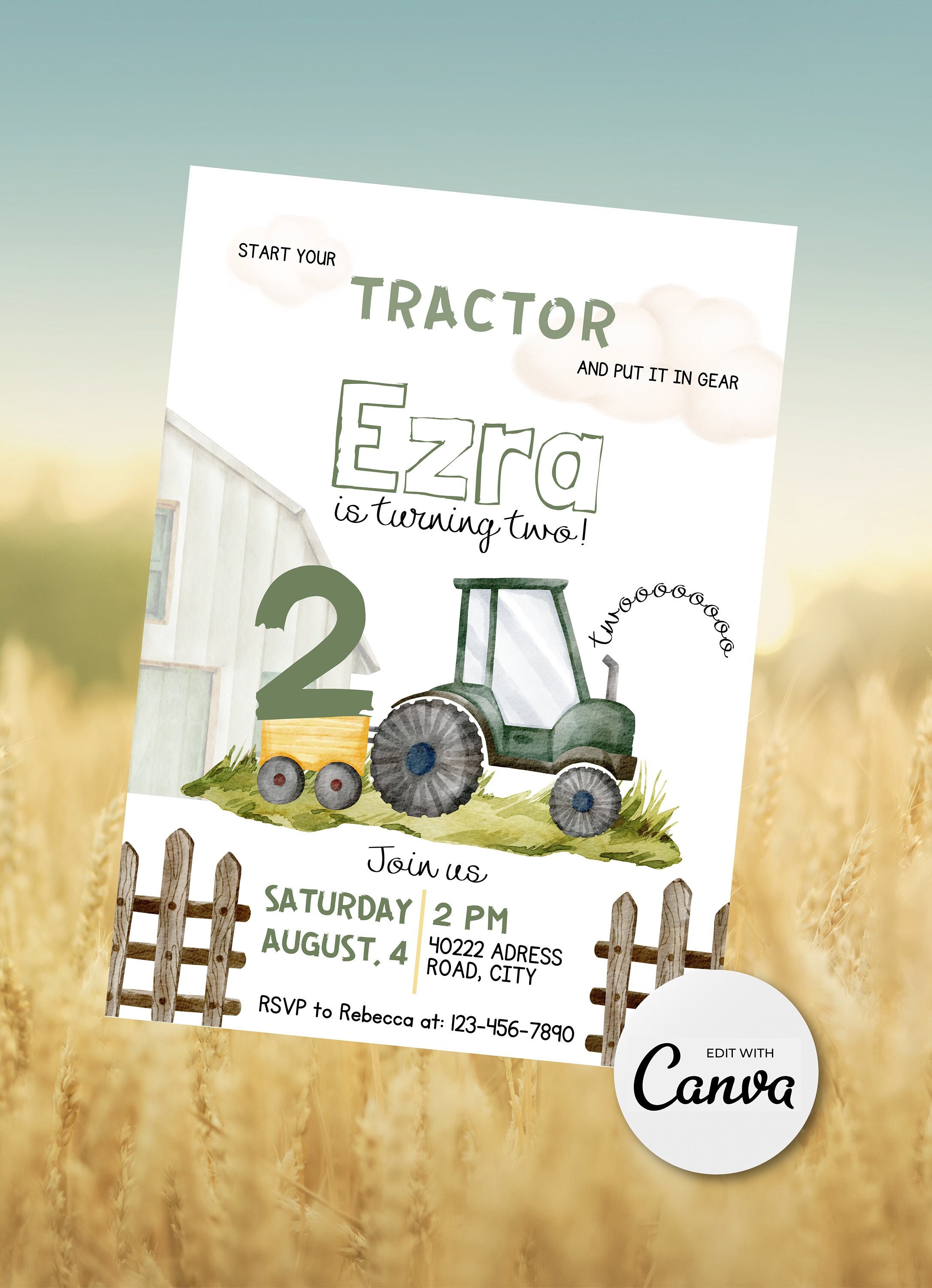 Editable Tractor Birthday Invitation, Tractor Invitation, Editable ...