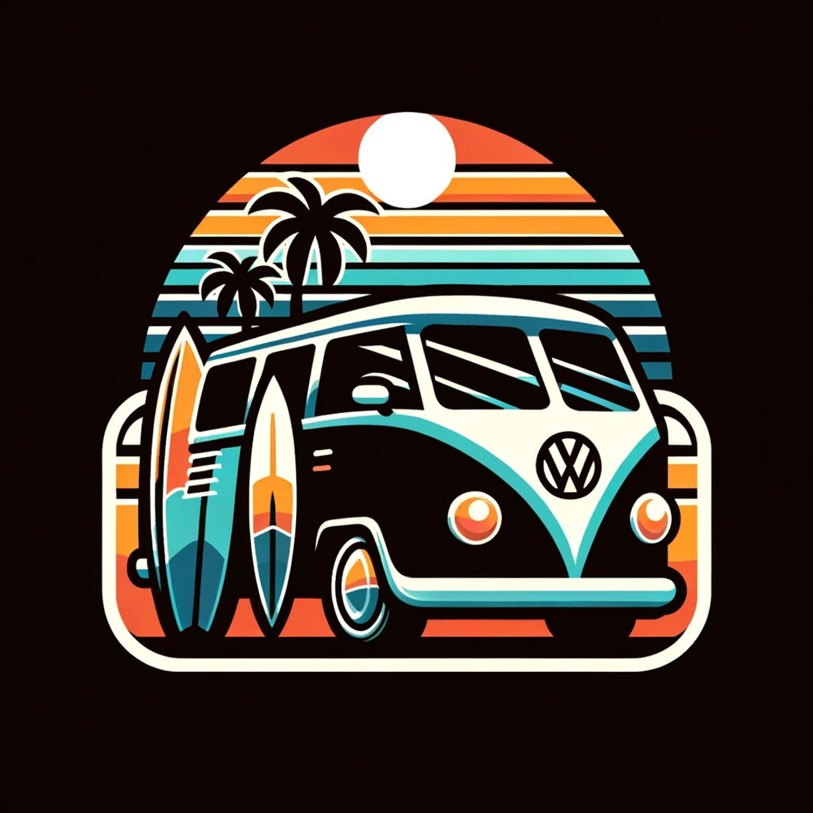 Retro Travel Surfboard Volkswagen Van Sunset Art Print Vintage VW Bus ...