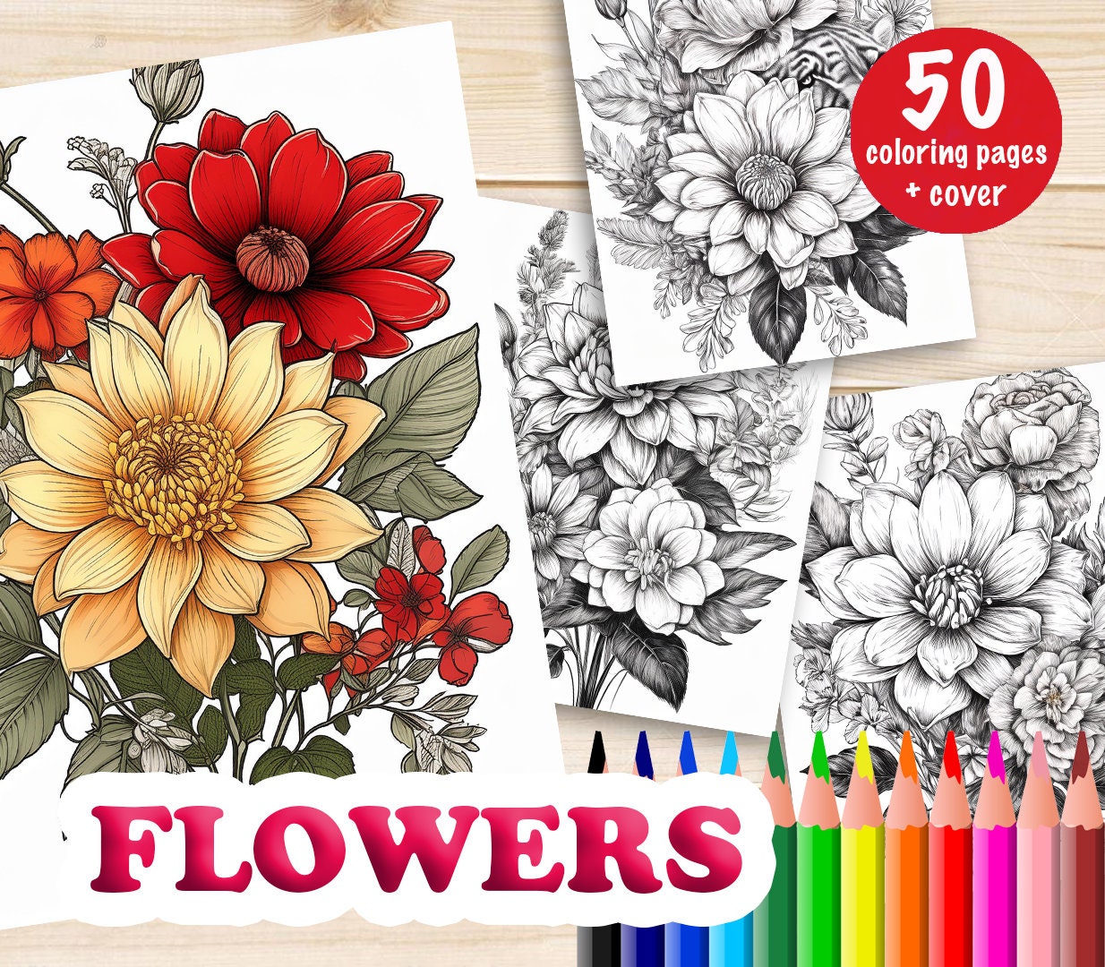 50 Pages of Flowers Coloring Book - Printable PDF Coloring Book ...