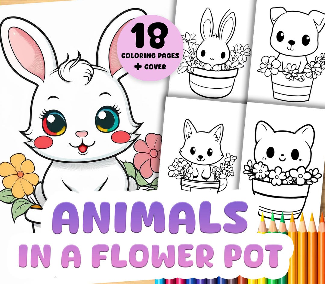 18 Easy Bold Animals in a Flower Pot Coloring Book for Kids | Simple ...