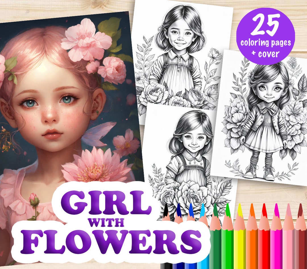 25 Girls With Flowers Coloring Pages, Adult Coloring Books for Kids ...