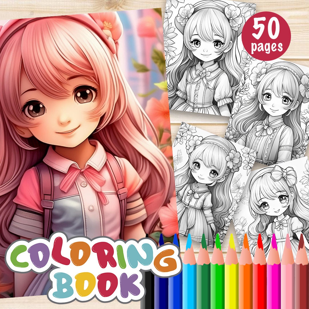 50 Kawaii Girls With Flowers Coloring Pages, Adult Coloring Books for ...