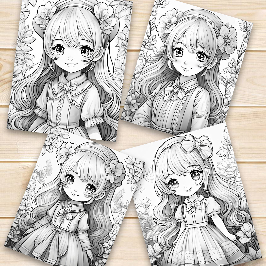 50 Kawaii Girls With Flowers Coloring Pages, Adult Coloring Books for ...