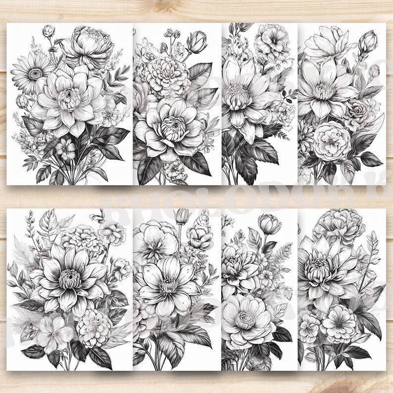 50 Pages of Flowers Coloring Book - Printable PDF Coloring Book ...