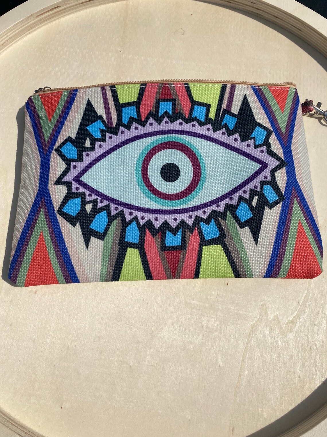 Multi-colored Evil Eye Print Canvas Makeup /great for Gift/ Tan Fabric ...