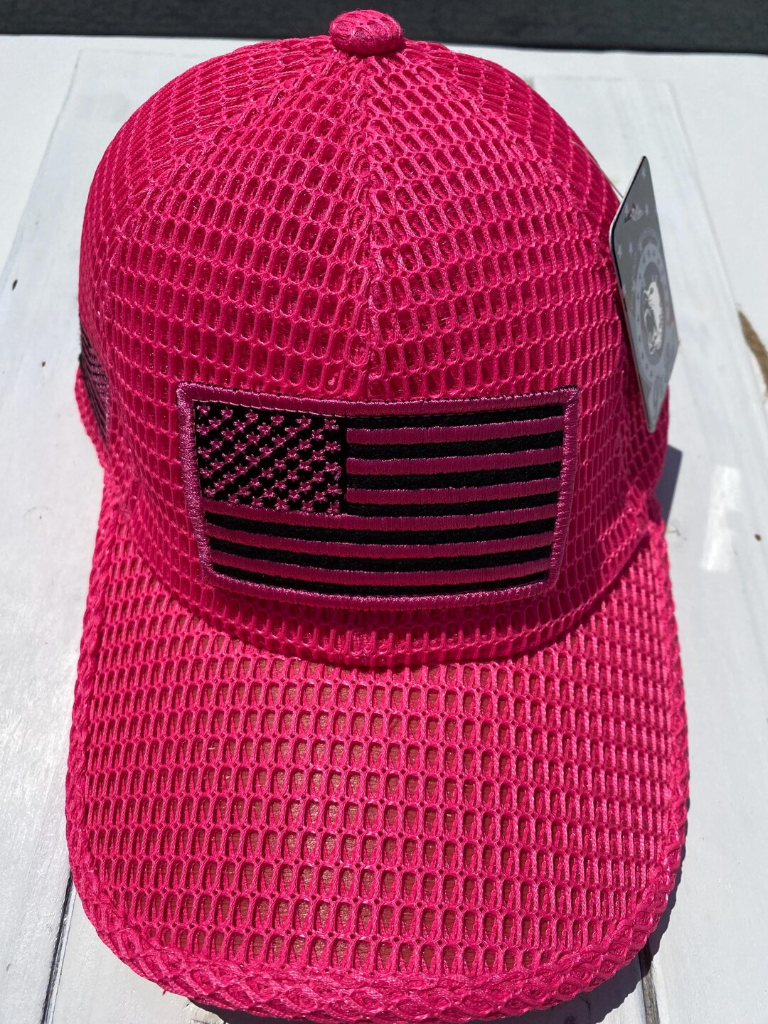 Hot Pink Netted Mesh Embroidered American Flag Patch Baseball Hat ...
