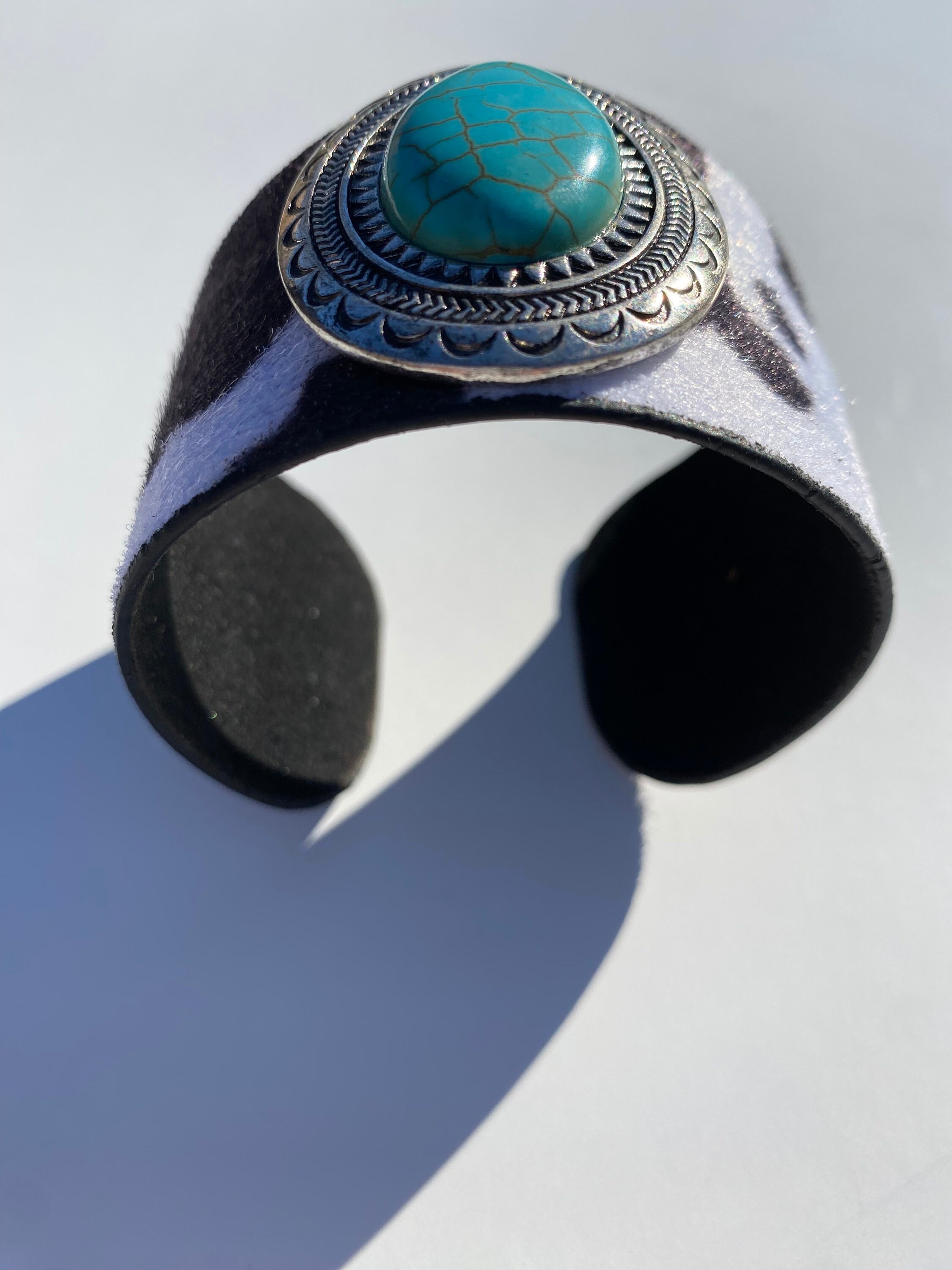 Black and White Cowhide Cuff Turquoise Cuff Bracelet - Etsy