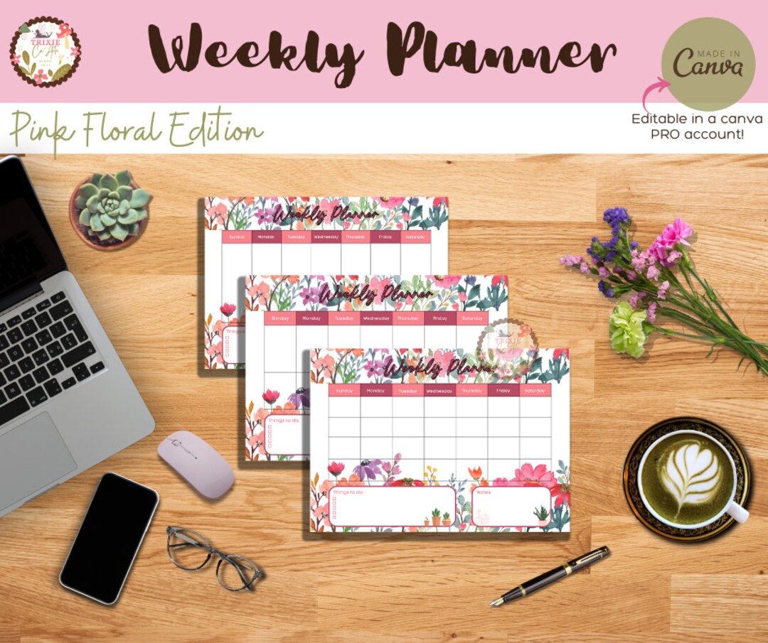 Pink Floral Weekly Planner Canva Template | Undated Weekly Organizer - Etsy