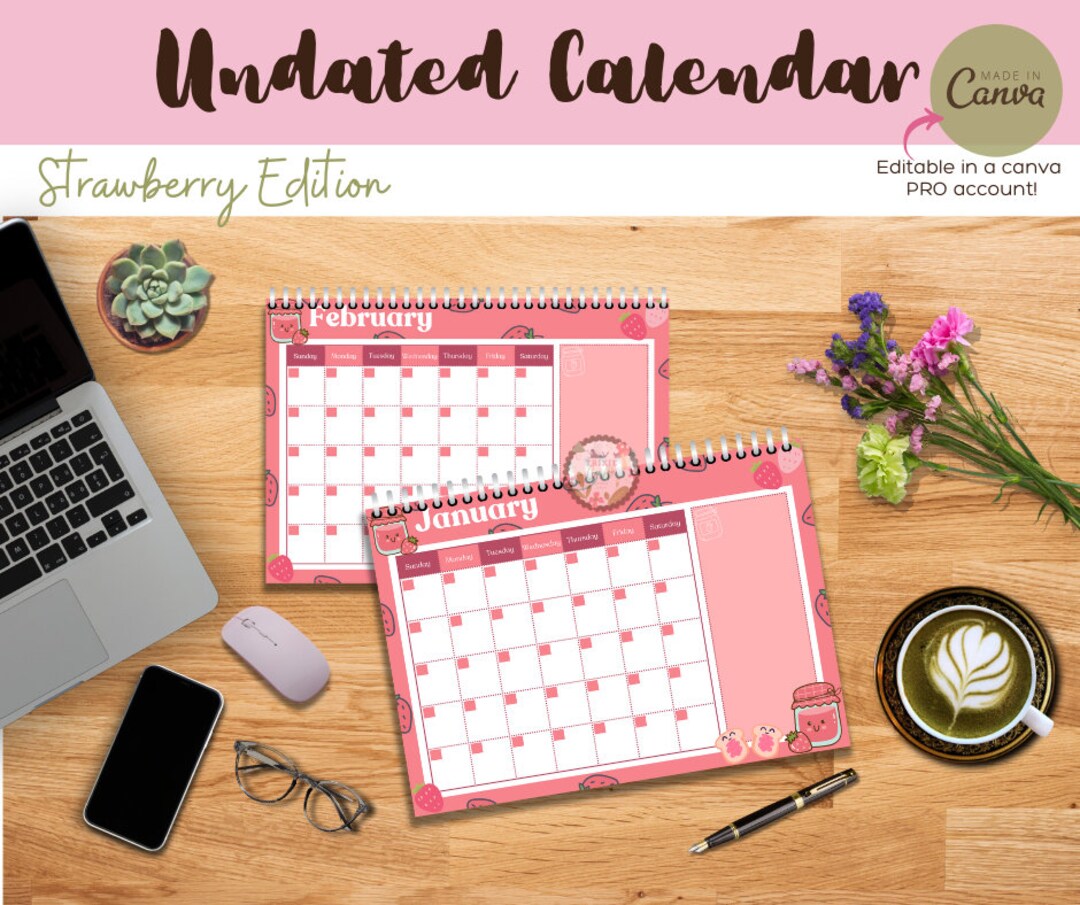 Pink Strawberry Undated Calendar Template | Monthly Planner (digital ...