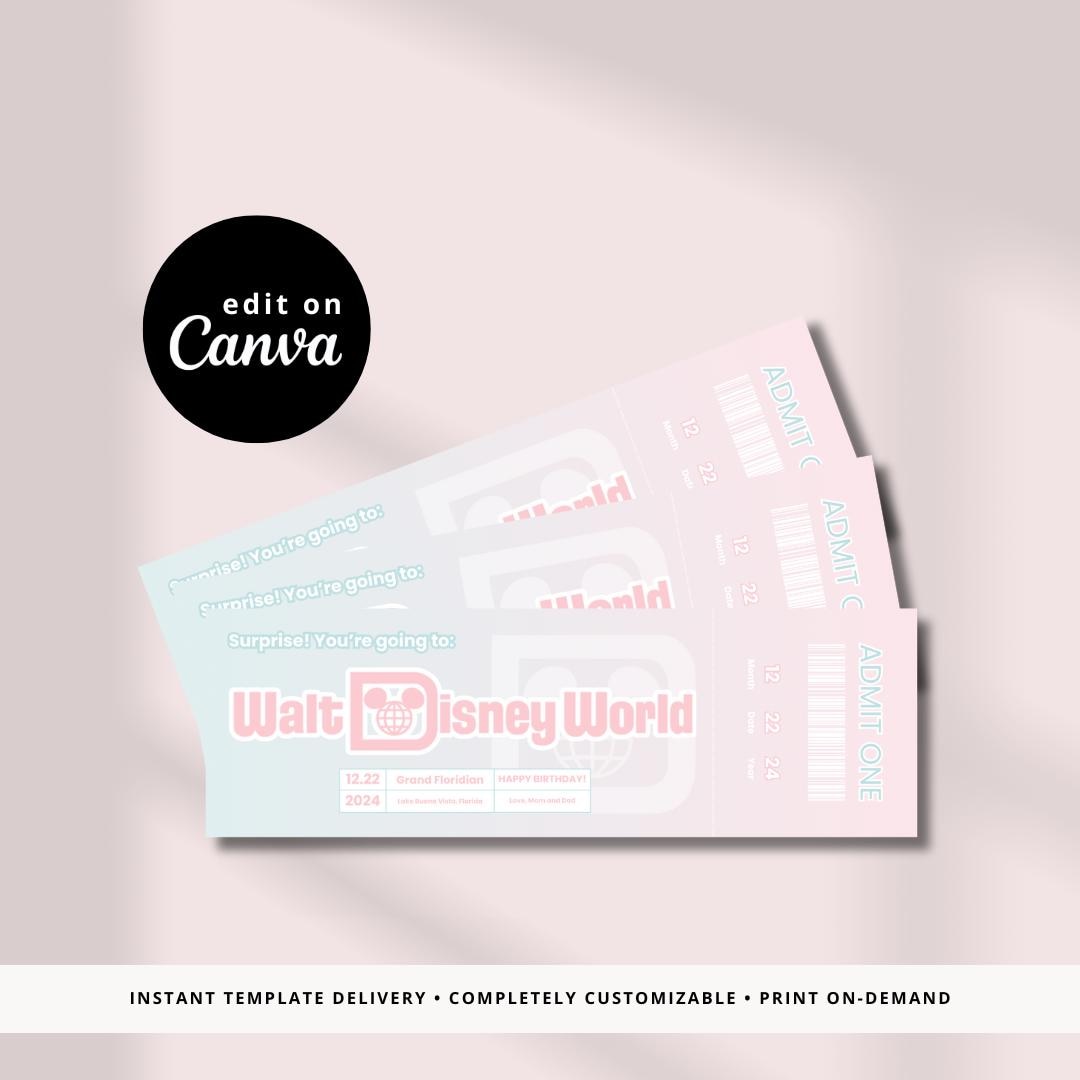Pastel Disney World Ticket Template | Canva Editable Template | Disney ...