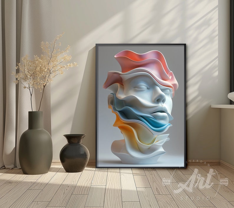 Abstract Human Face Art Poster, Vibrant 3D Face Artwork, Modern ...