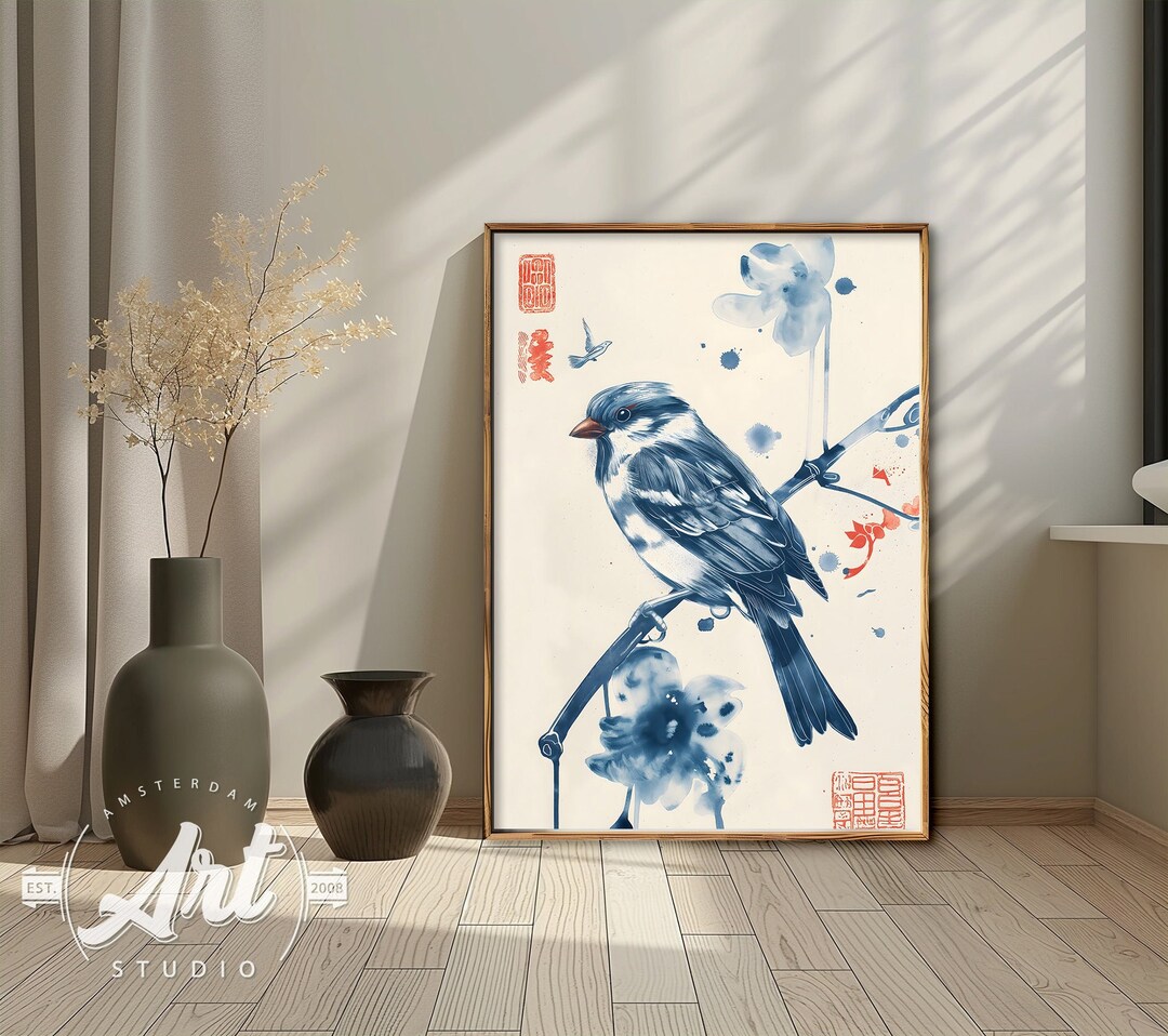 Traditional Asian Linocut Sparrow Masterpiece Stylish Living Room ...