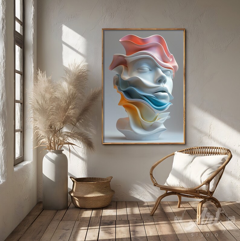 Abstract Human Face Art Poster, Vibrant 3D Face Artwork, Modern ...