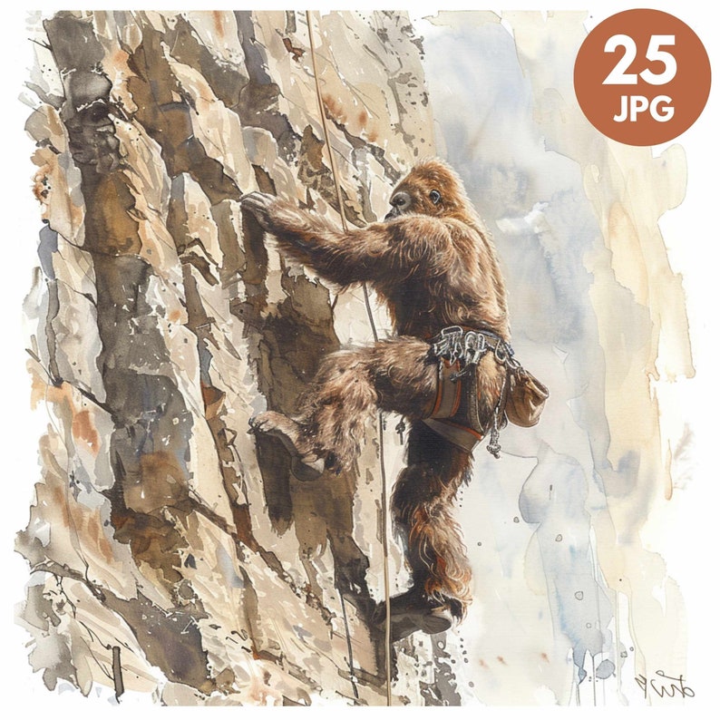 Bigfoot Climbing Rock Wall Clipart JPG, Watercolor Sasquatch Clipart ...