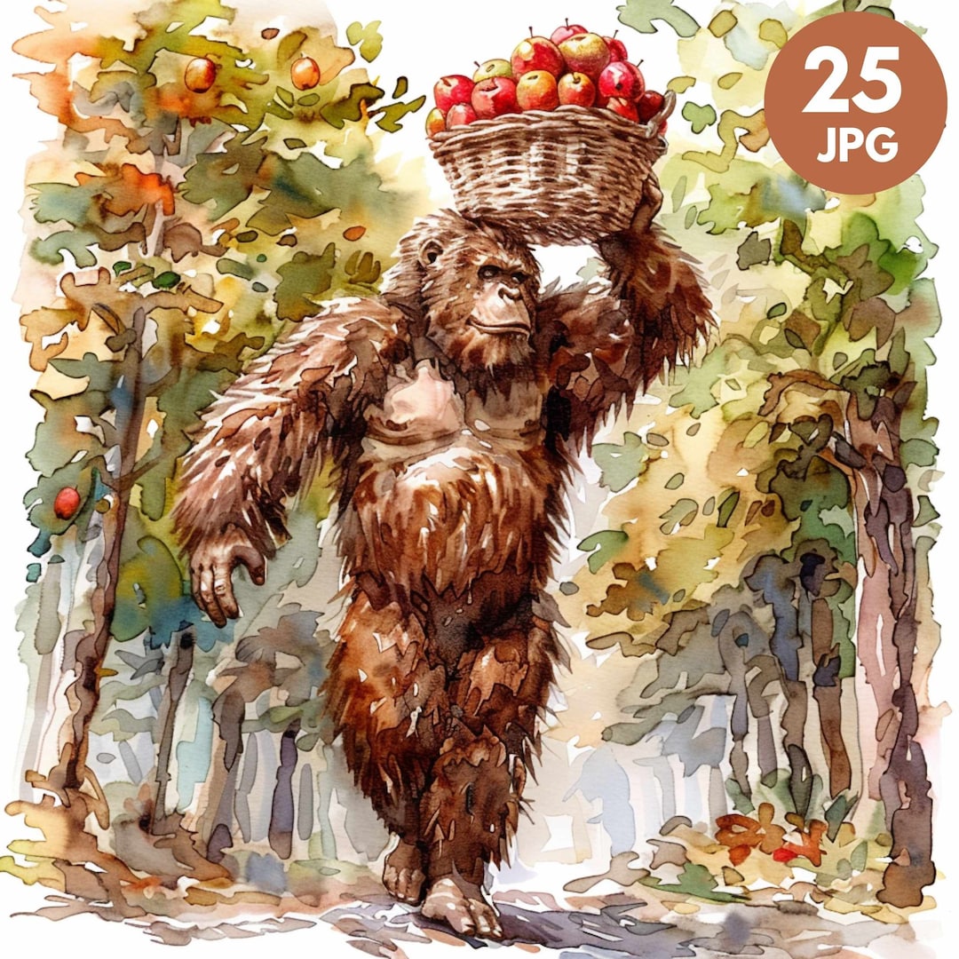 Bigfoot Harvesting Apples in Orchard Watercolor Clipart, Watercolor ...