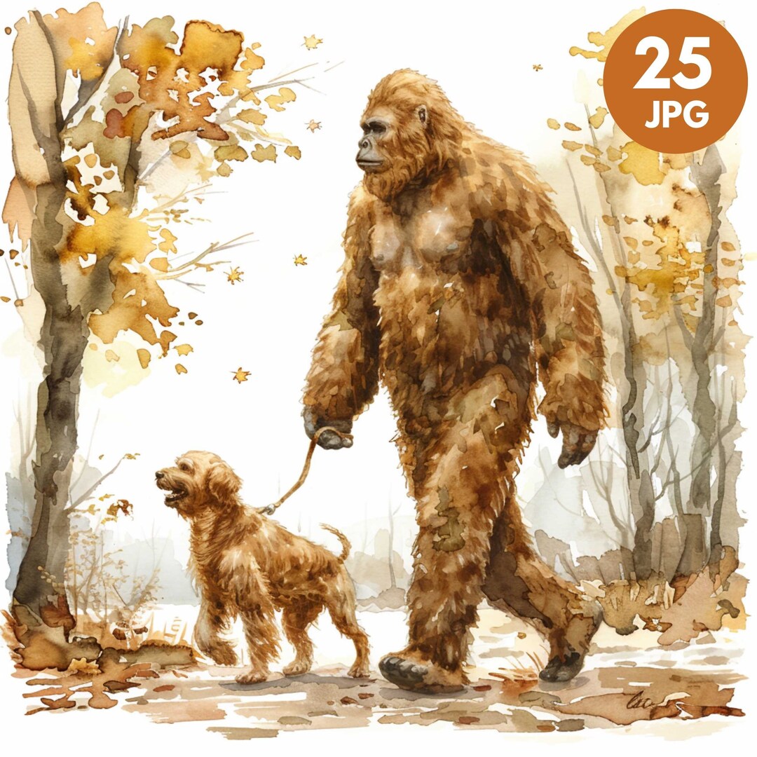 Bigfoot Walking Dog in Park Clipart JPG, Watercolor Sasquatch Clipart ...