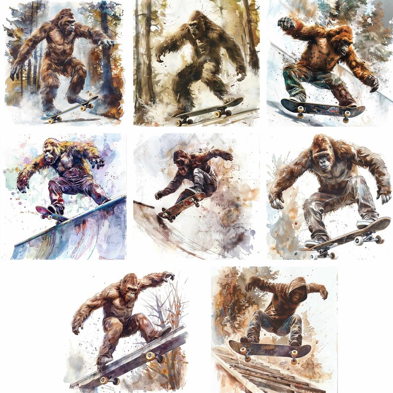 Bigfoot Skateboarding Clipart JPG, Watercolor Sasquatch Clipart High ...