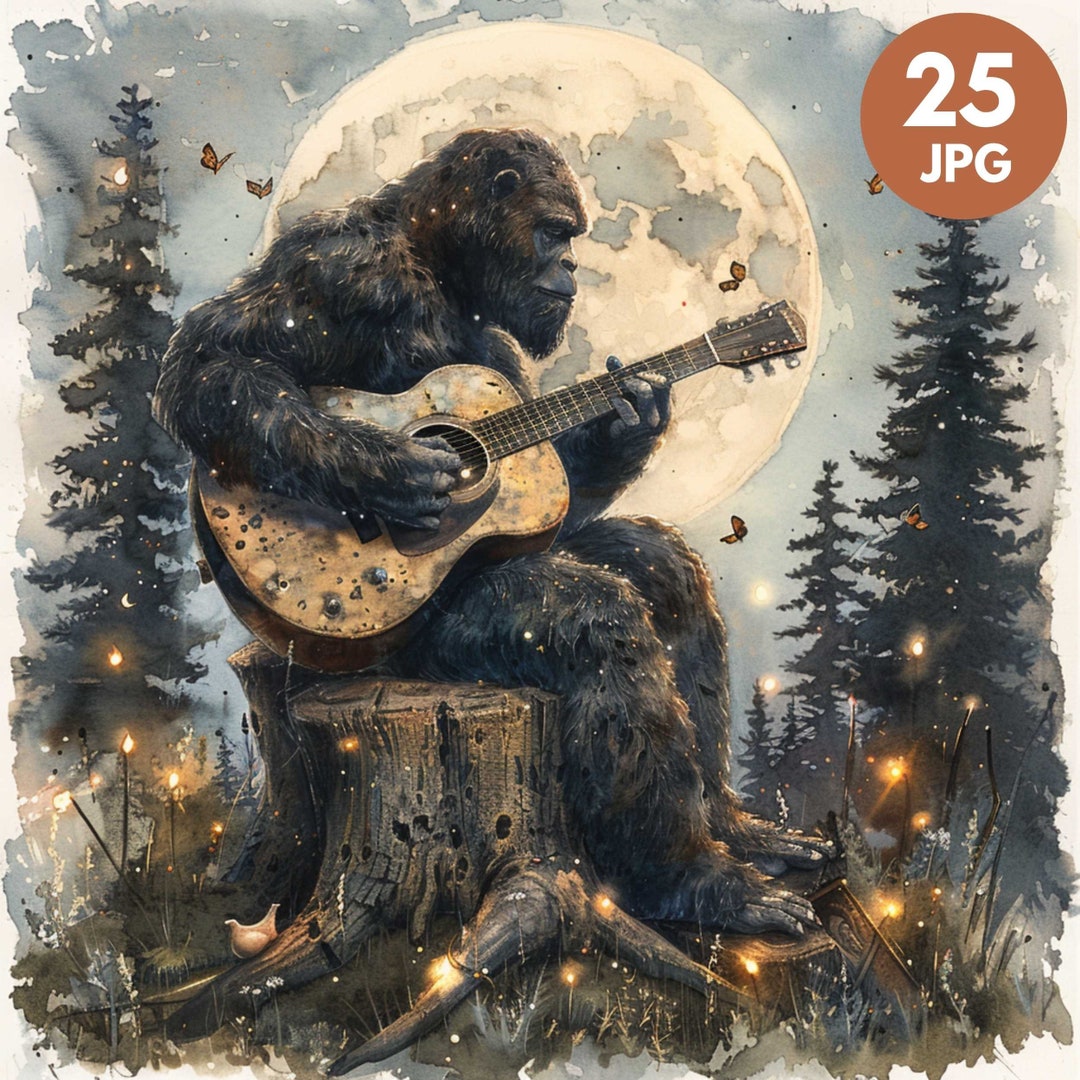 Bigfoot Playing Guitar by Moonlight Clipart JPG, Watercolor Sasquatch ...