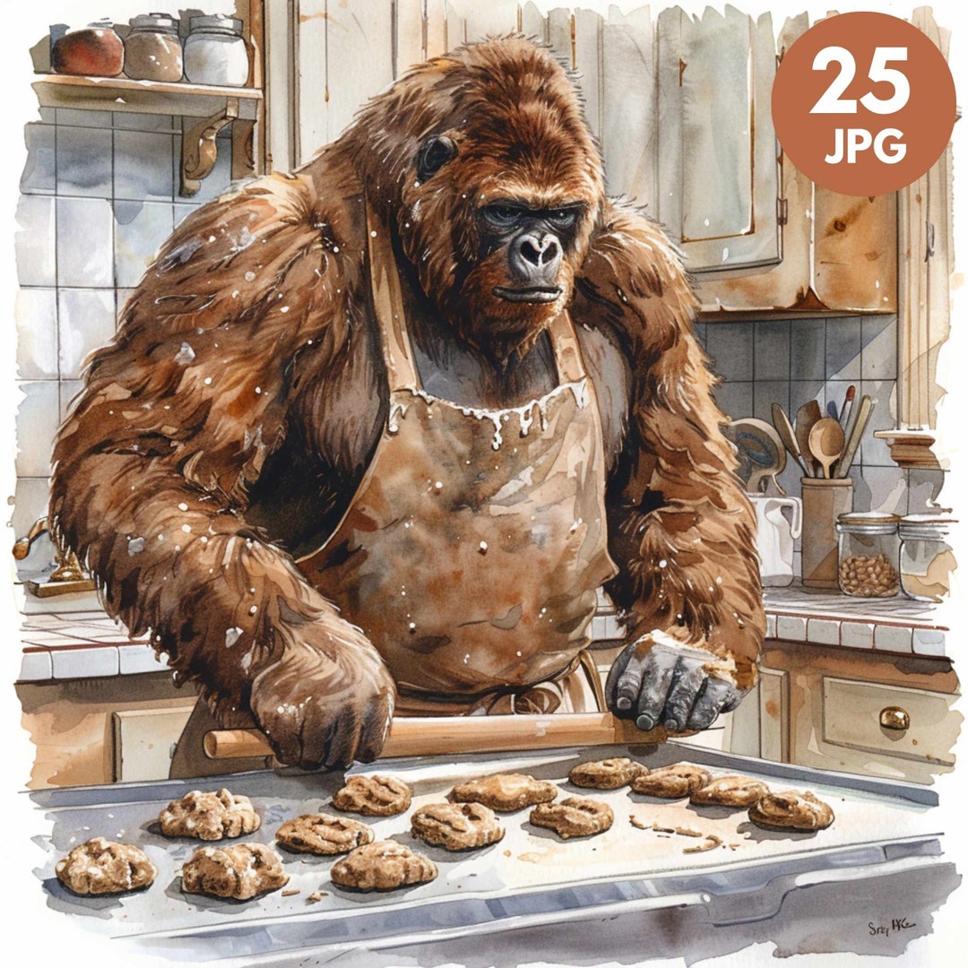 Bigfoot Baking Cookies in Kitchen Watercolor Clipart, Watercolor ...