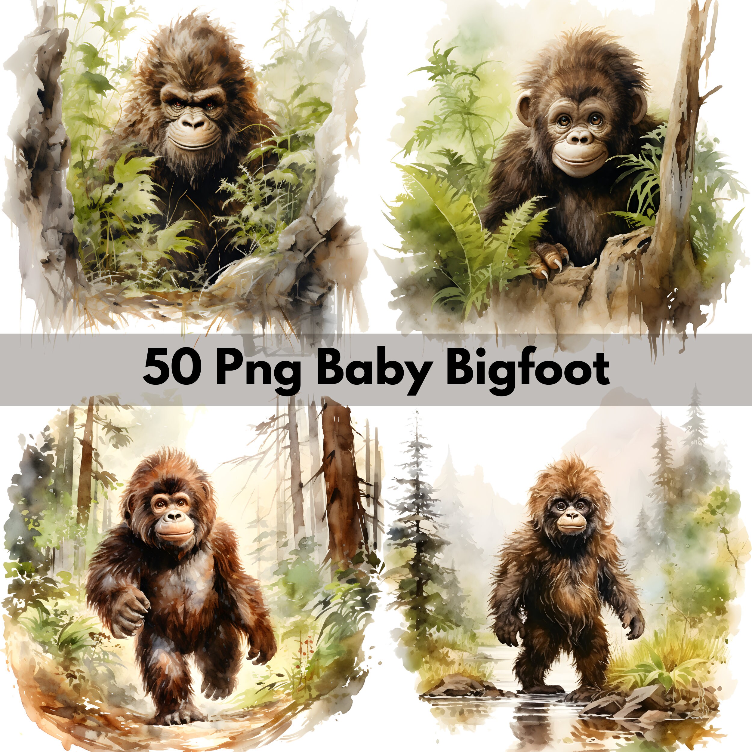 Cute Baby Bigfoot Watercolor Clipart Png,watercolor Baby Sasquatch ...