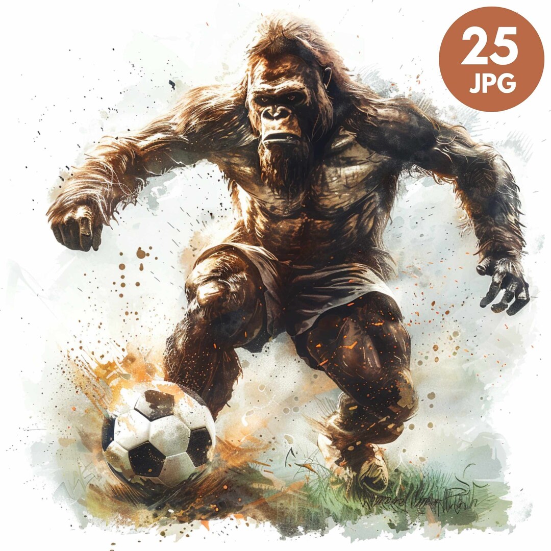 Bigfoot Playing Soccer Clipart JPG, Watercolor Sasquatch Clipart High ...