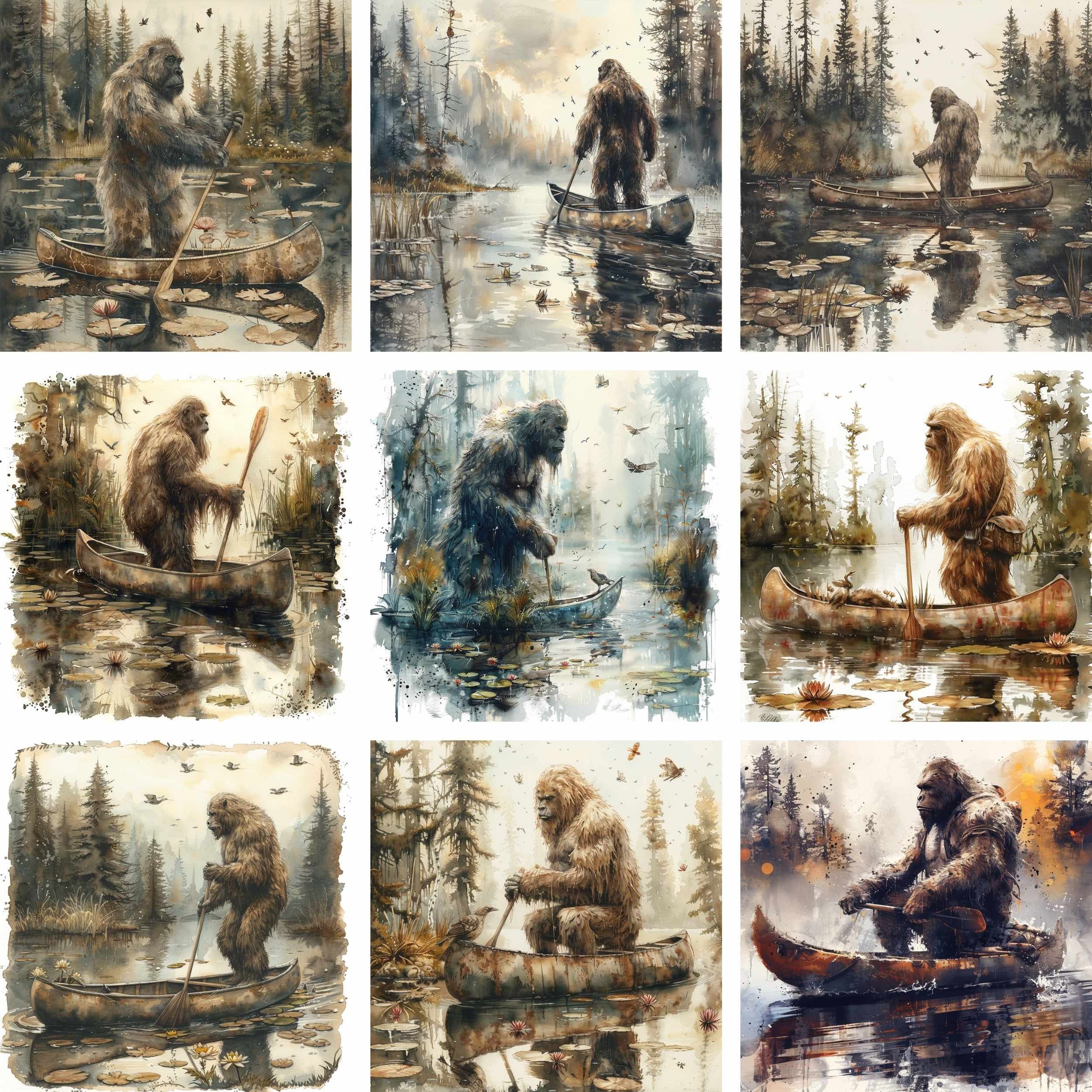 Bigfoot Riding Canoe Clipart JPG, Watercolor Sasquatch Clipart High ...