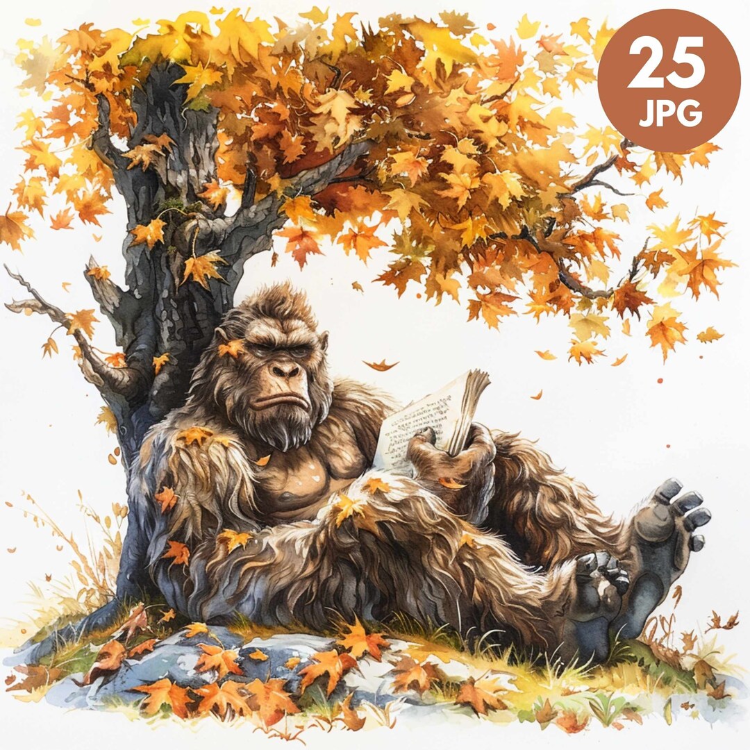 Bigfoot Reading Book Clipart JPG, Watercolor Sasquatch Clipart High ...