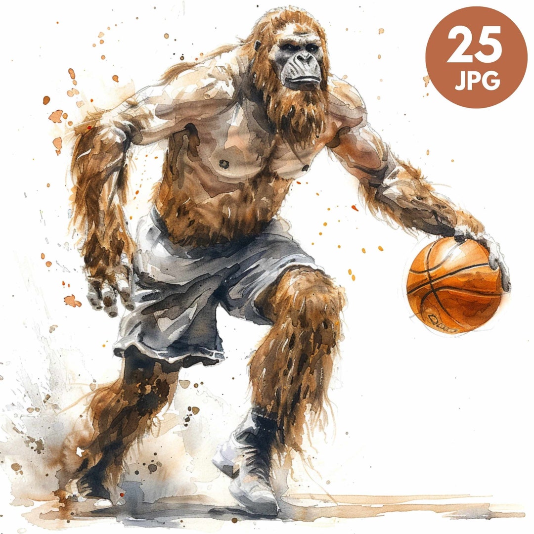 Bigfoot Playing Basketball Watercolor Clipart, Watercolor Sasquatch ...