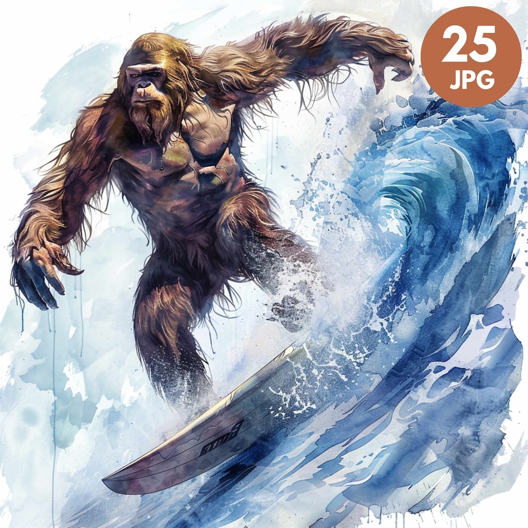 Bigfoot Riding Surfboard on Ocean Wave Clipart JPG, Watercolor ...