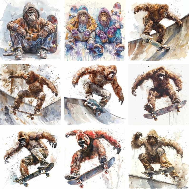 Bigfoot Skateboarding Clipart JPG, Watercolor Sasquatch Clipart High ...