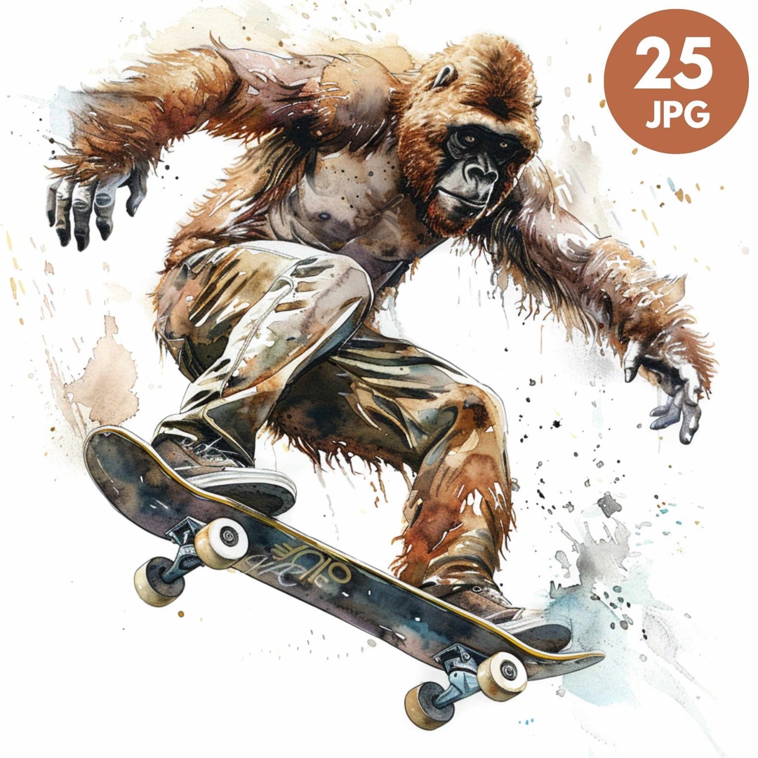 Bigfoot Skateboarding Clipart JPG, Watercolor Sasquatch Clipart High ...