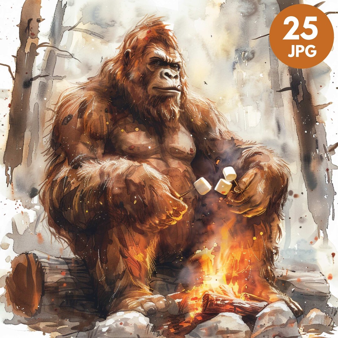 Bigfoot Roasting Marshmallows Over Campfire Clipart JPG, Watercolor ...