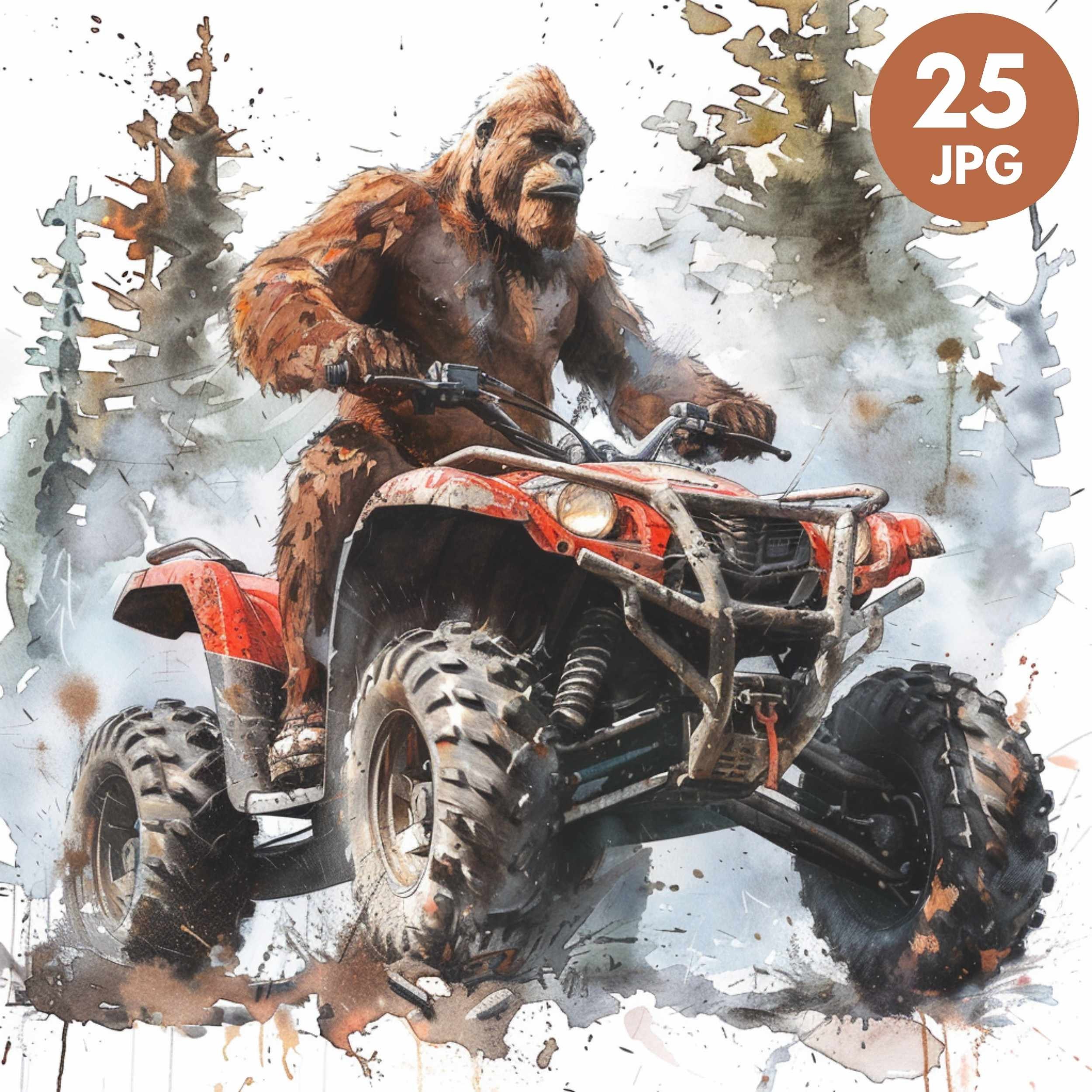 Bigfoot Riding ATV Clipart JPG, Watercolor Sasquatch Clipart High ...