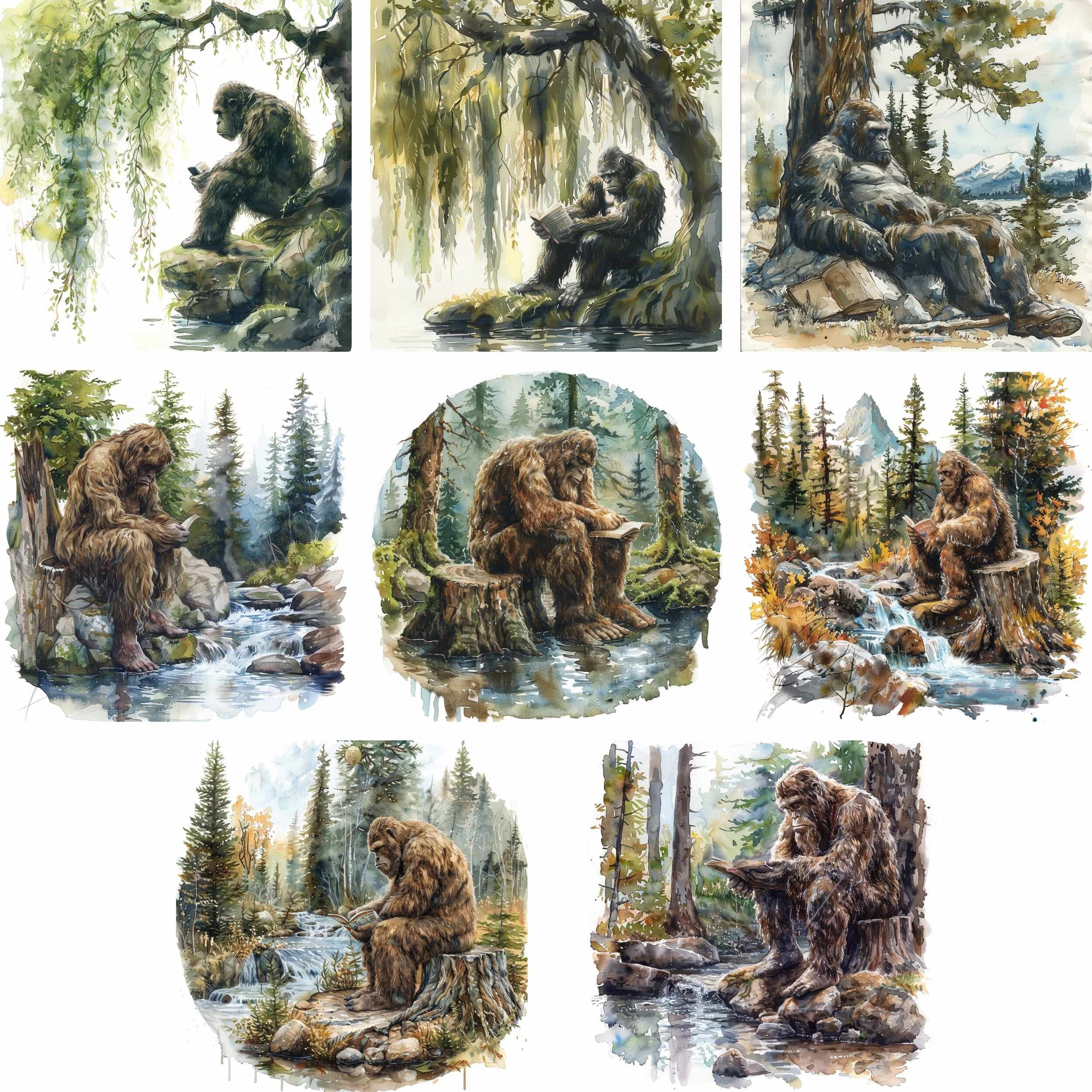 Bigfoot Reading Book Clipart JPG, Watercolor Sasquatch Clipart High ...