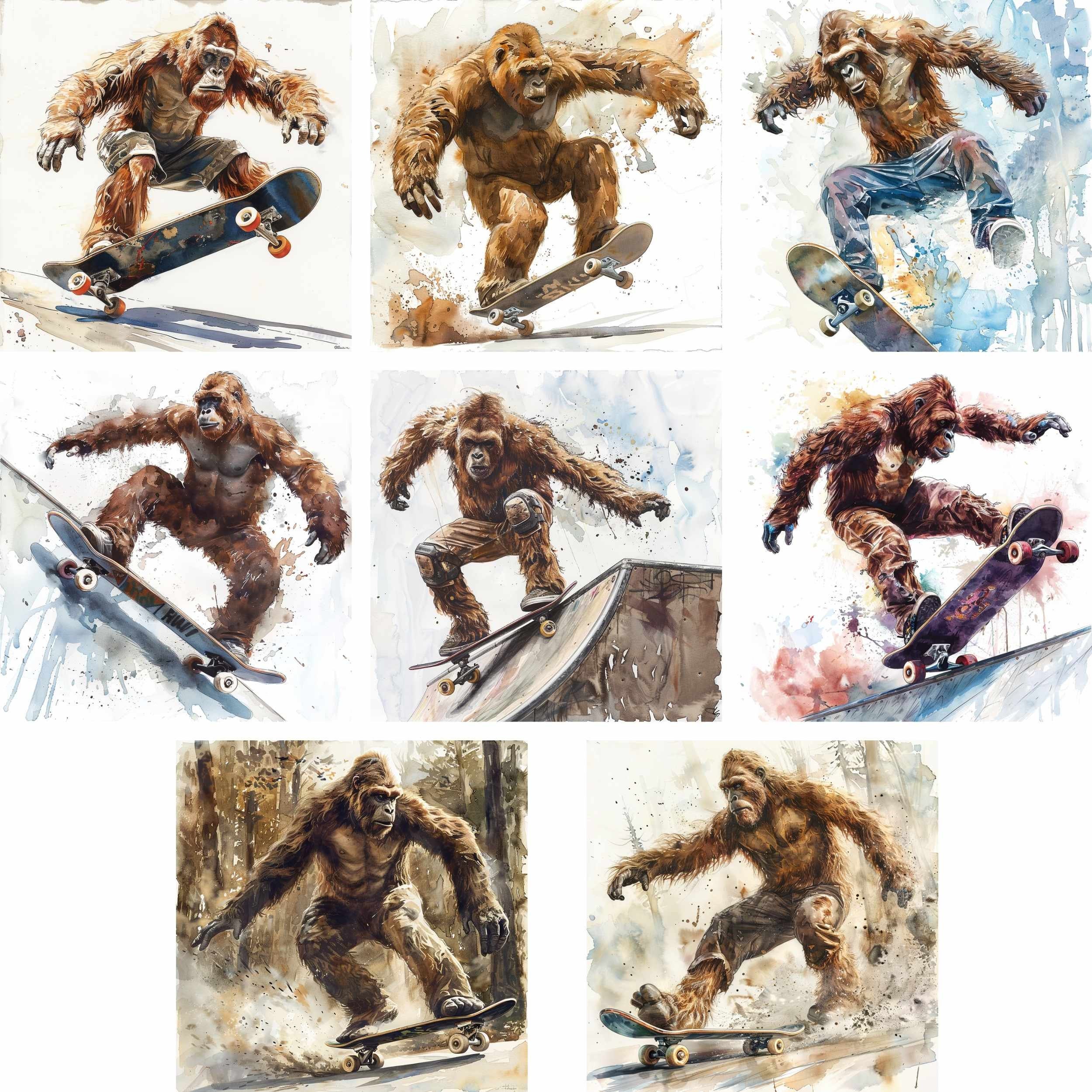 Bigfoot Skateboarding Clipart JPG, Watercolor Sasquatch Clipart High ...