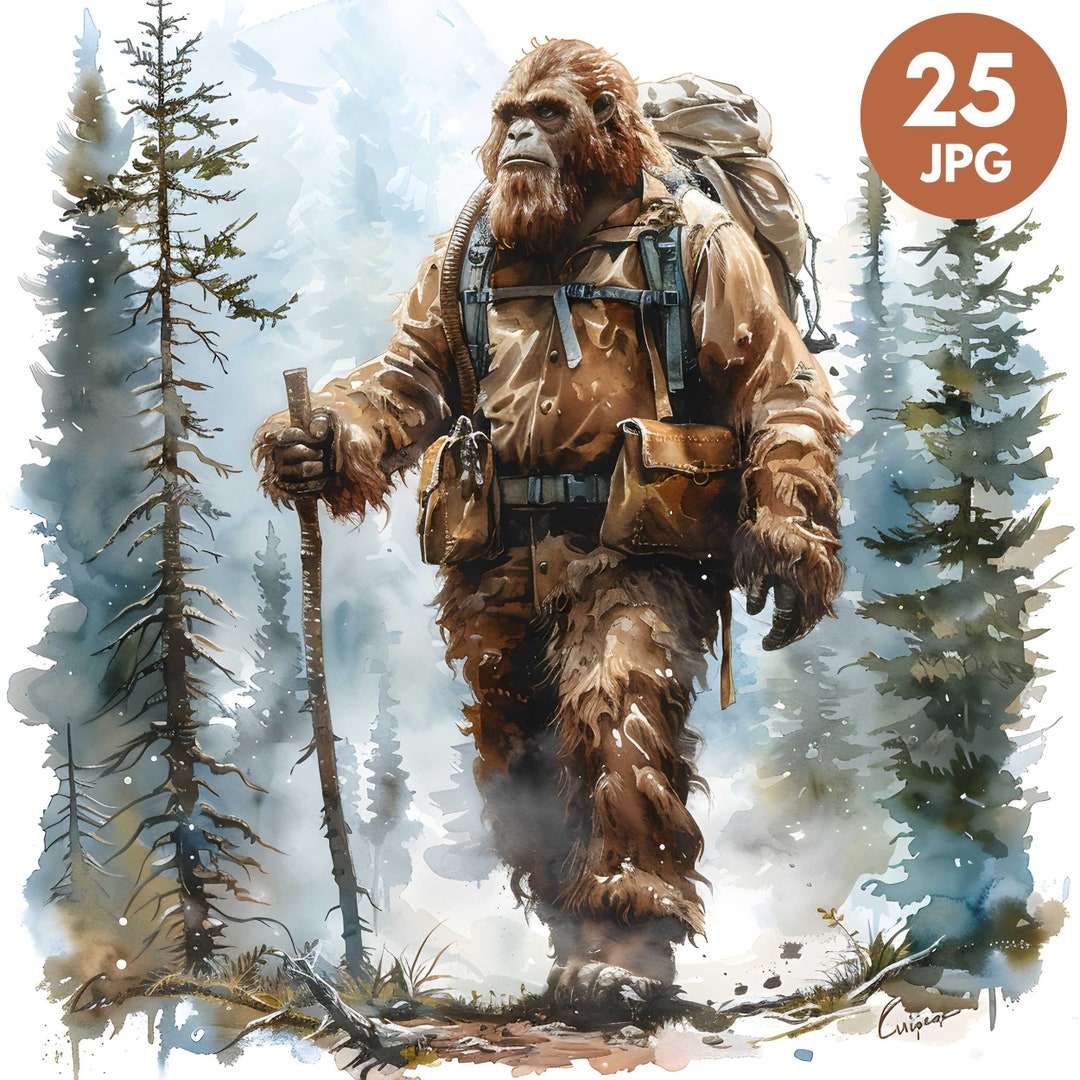 Bigfoot Hiking With Backpack and Walking Stick Clipart JPG, Watercolor ...