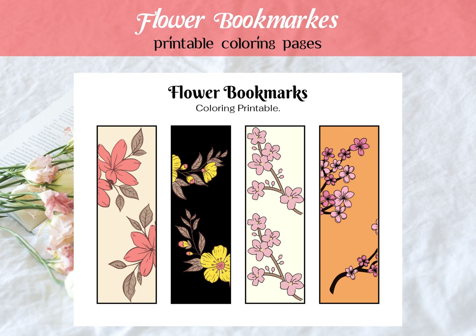 Printable Coloring Flower Bookmarks - Etsy