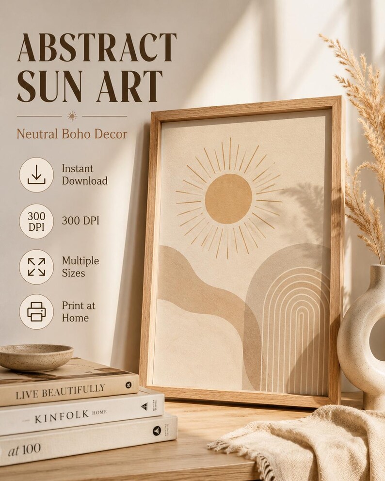 Neutral Abstract Sun Printable, Boho Beige Wall Art, Scandinavian ...