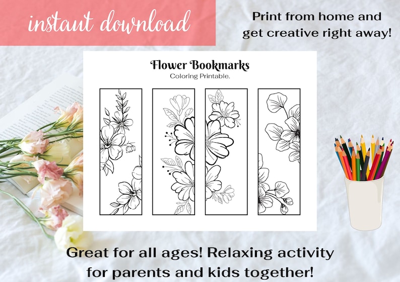 Printable Coloring Flower Bookmarks - Etsy