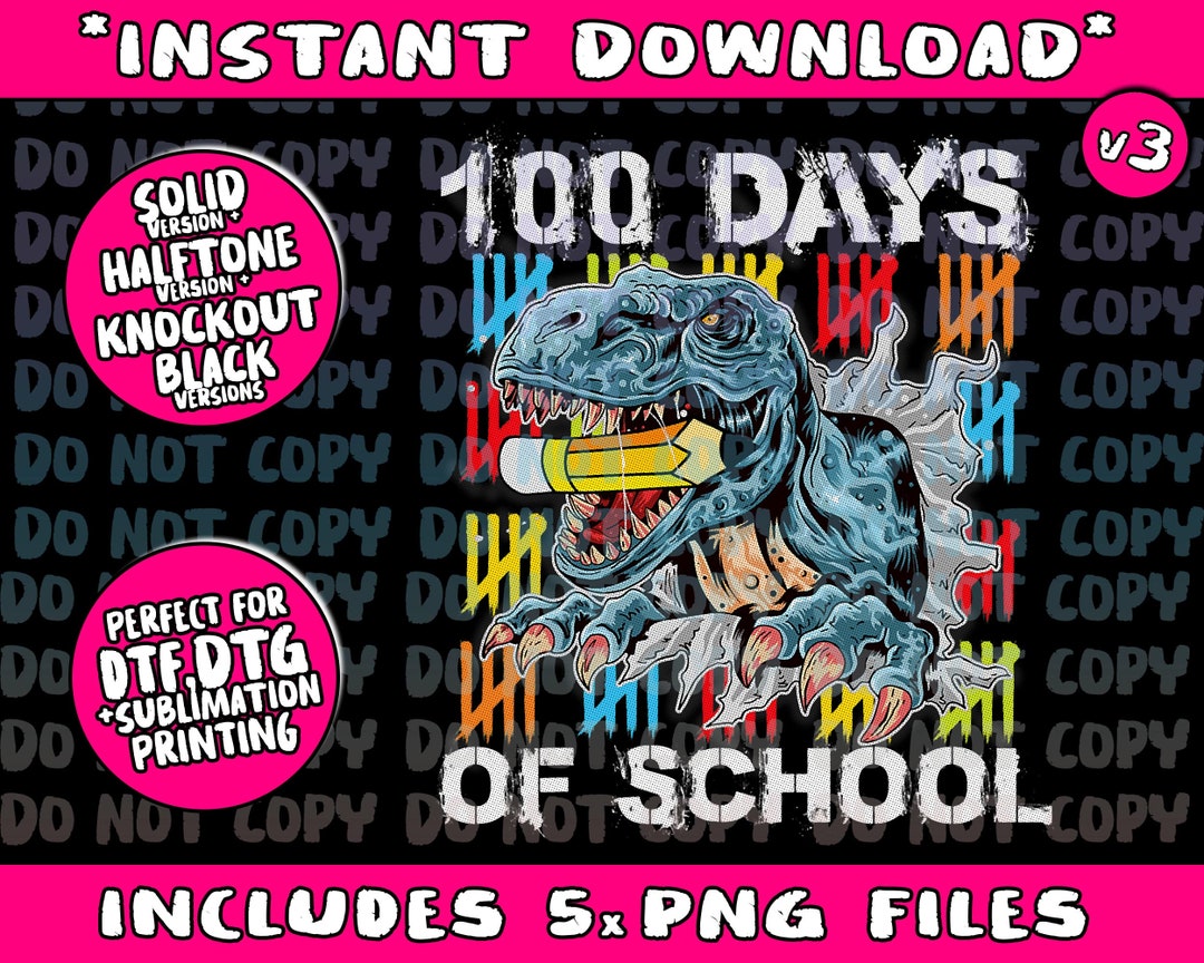 100th Day of School Dino Kids Happy 100 Days Dinosaur T-rexpng Bundle ...
